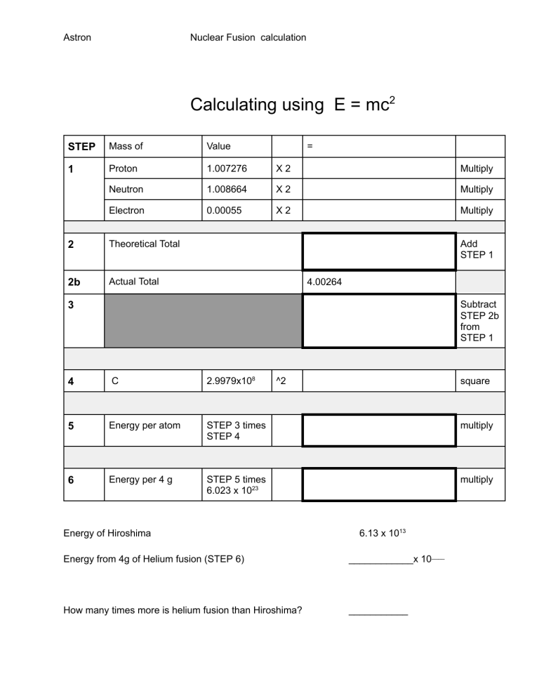 Nuclear Fusion Energy Calculation Worksheet