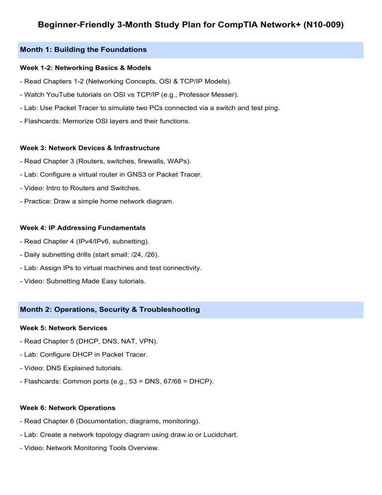CompTIA Network+ (N10-009) 3-Month Study Plan