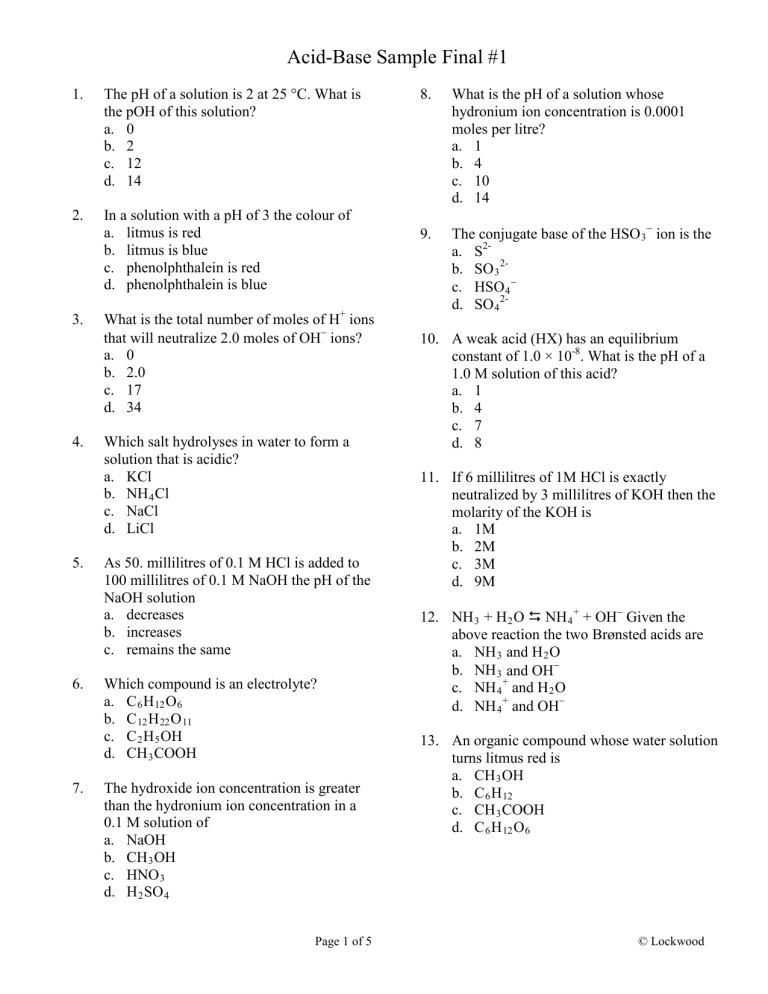 Acid-Base Chemistry Final Exam with Answers