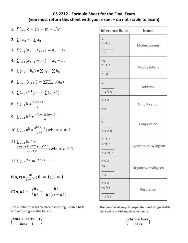 CS 2212 Discrete Math Formula Sheet