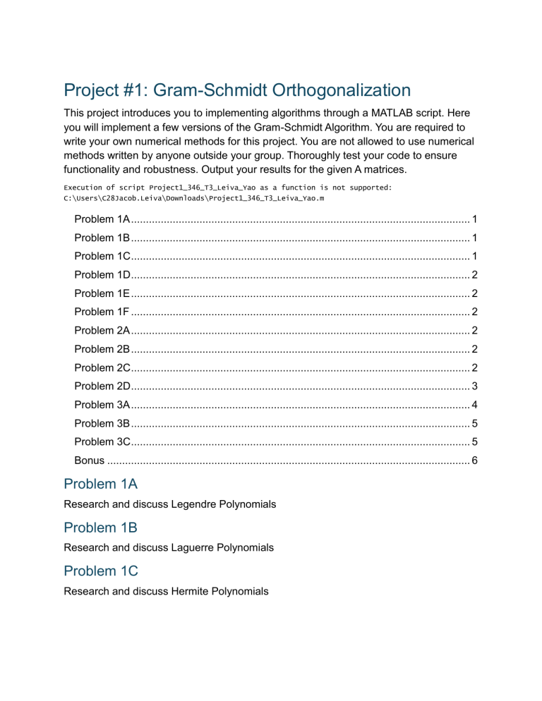 MATLAB Gram-Schmidt Orthogonalization Project