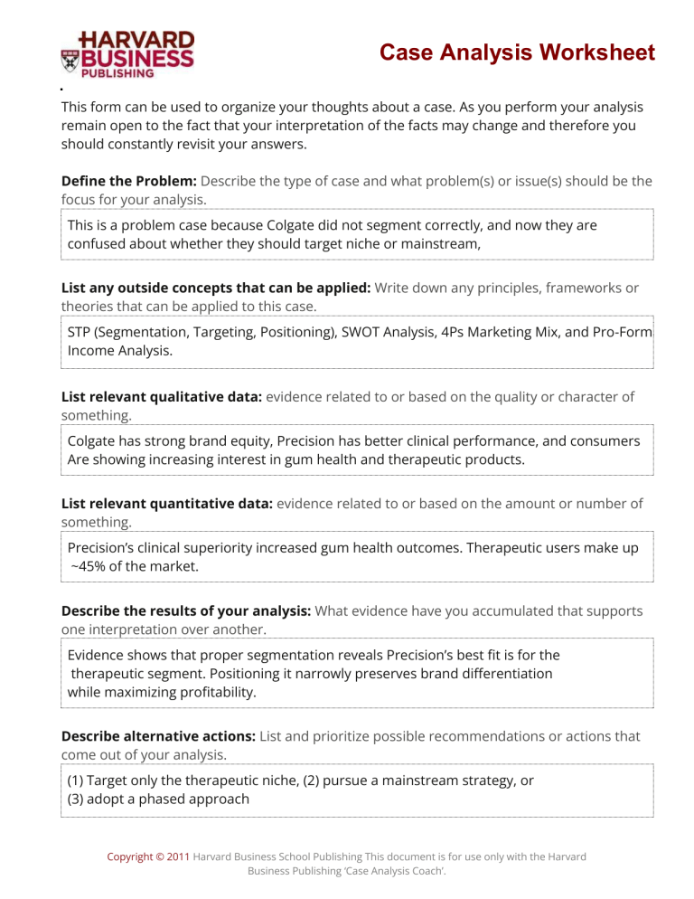 Colgate Case Analysis Worksheet: Marketing Strategy Guide
