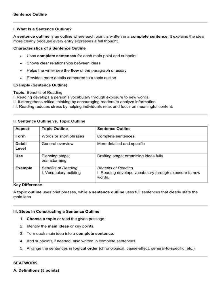 Sentence Outline Worksheet for Students