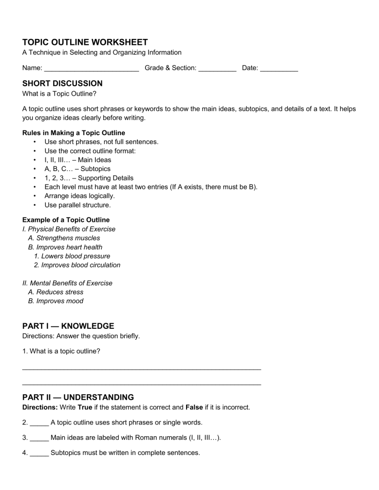 Topic Outline Worksheet for Students