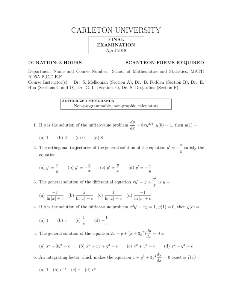 MATH 1005 Final Exam - Differential Equations