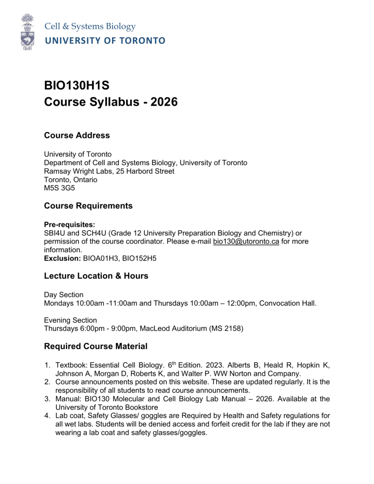 BIO130H1S Cell & Systems Biology Syllabus 2026
