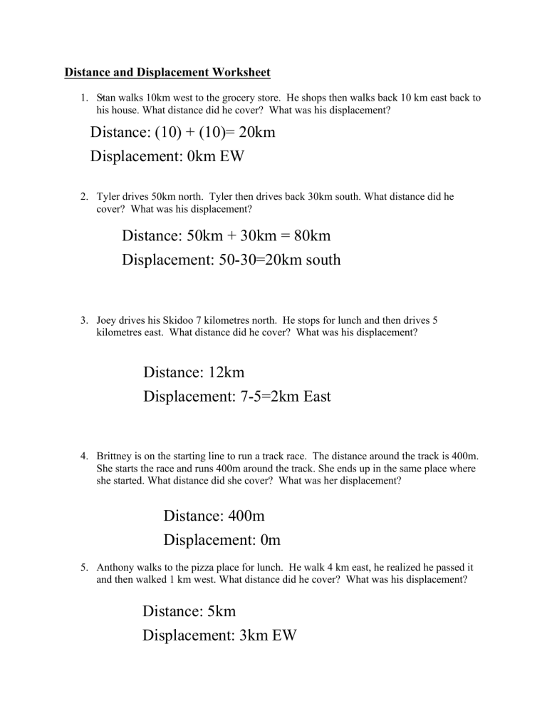 Distance and Displacement Physics Worksheet