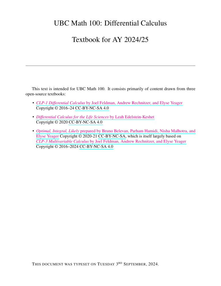 UBC Math 100 Differential Calculus Textbook 2024/25
