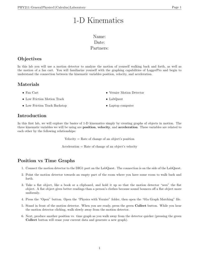 PHY211 1-D Kinematics Lab Manual