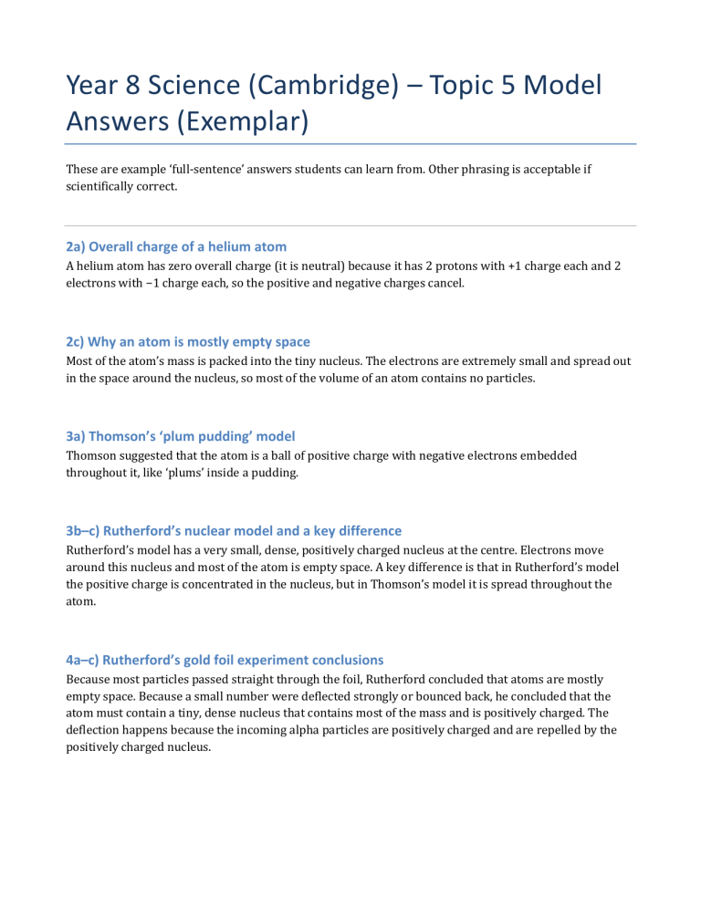 Year 8 Science Atomic Model Answers