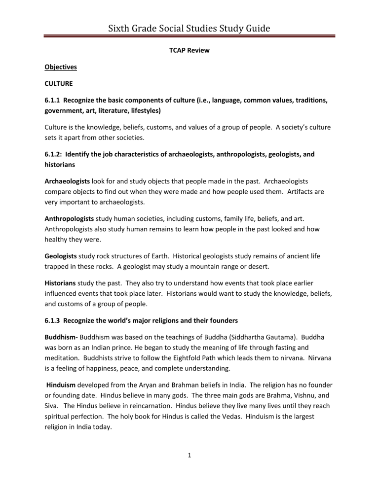 Sixth Grade Social Studies Study Guide - TCAP Review
