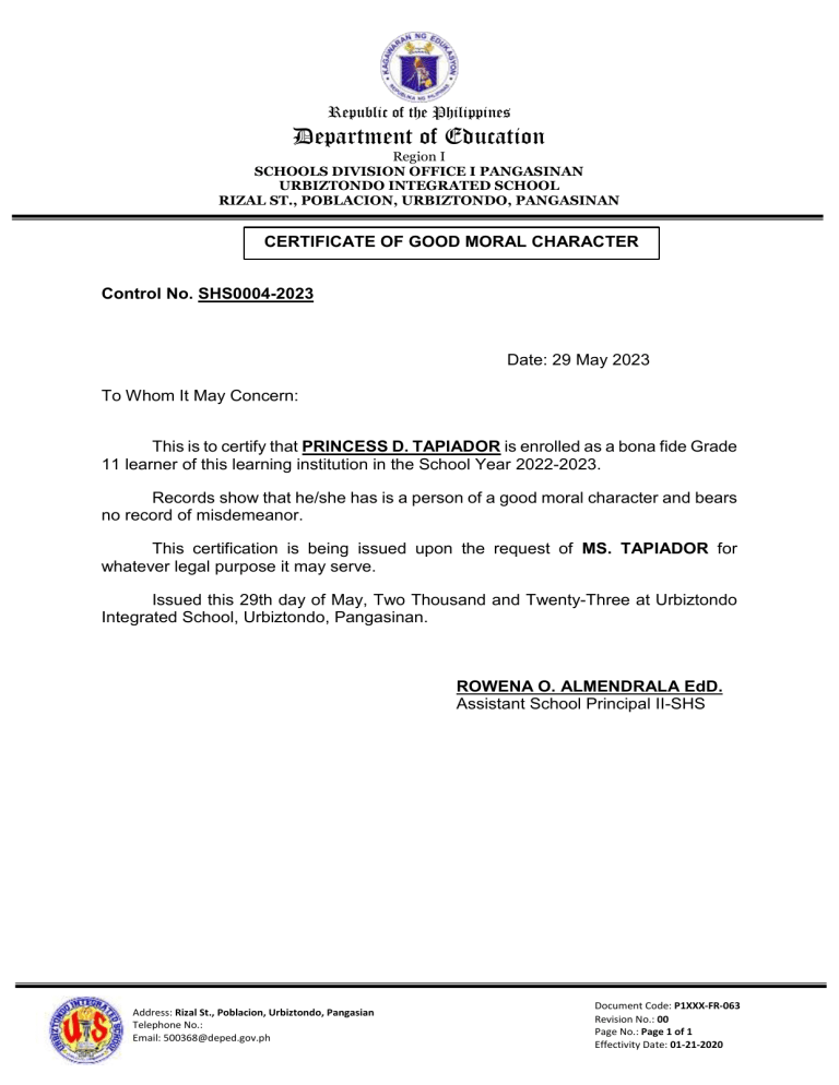 Good Moral Character Certificate | DepEd