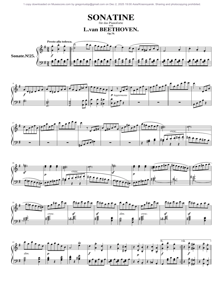 Beethoven Op. 79 Piano Sonata Sheet Music