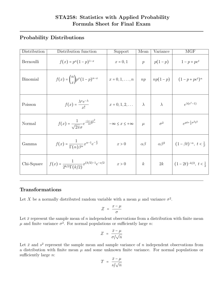 Statistics Final Exam Formula Sheet