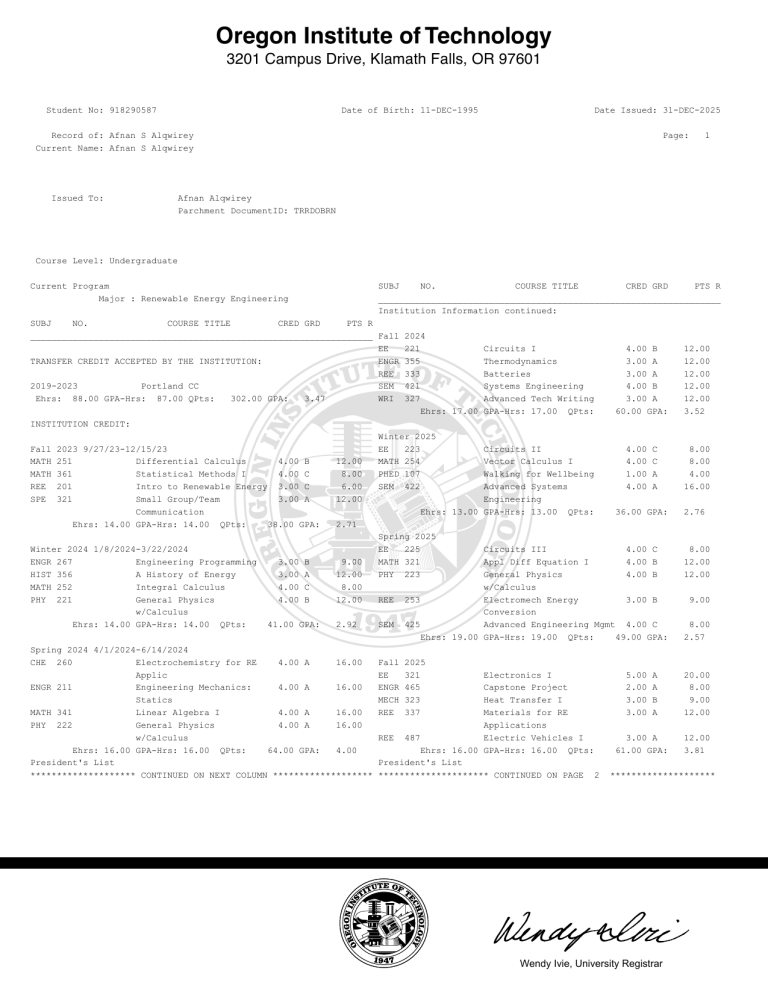 Oregon Tech Renewable Energy Engineering Transcript