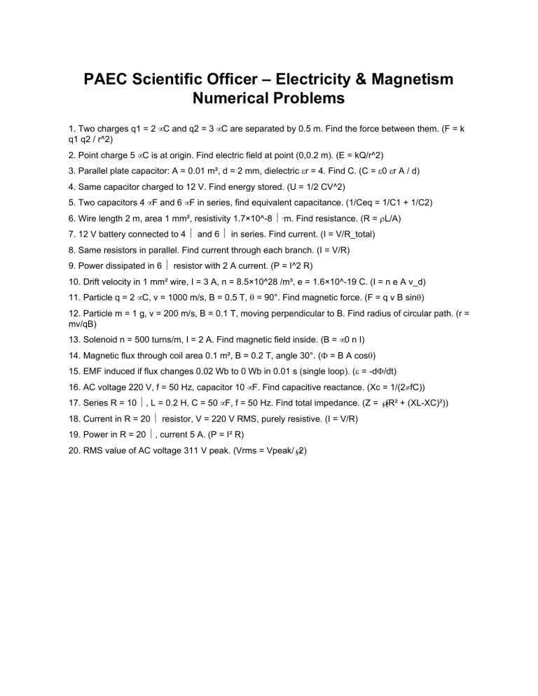 Electricity & Magnetism Numerical Problems