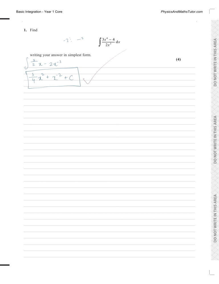 Basic Integration Worksheet - Year 1 Core