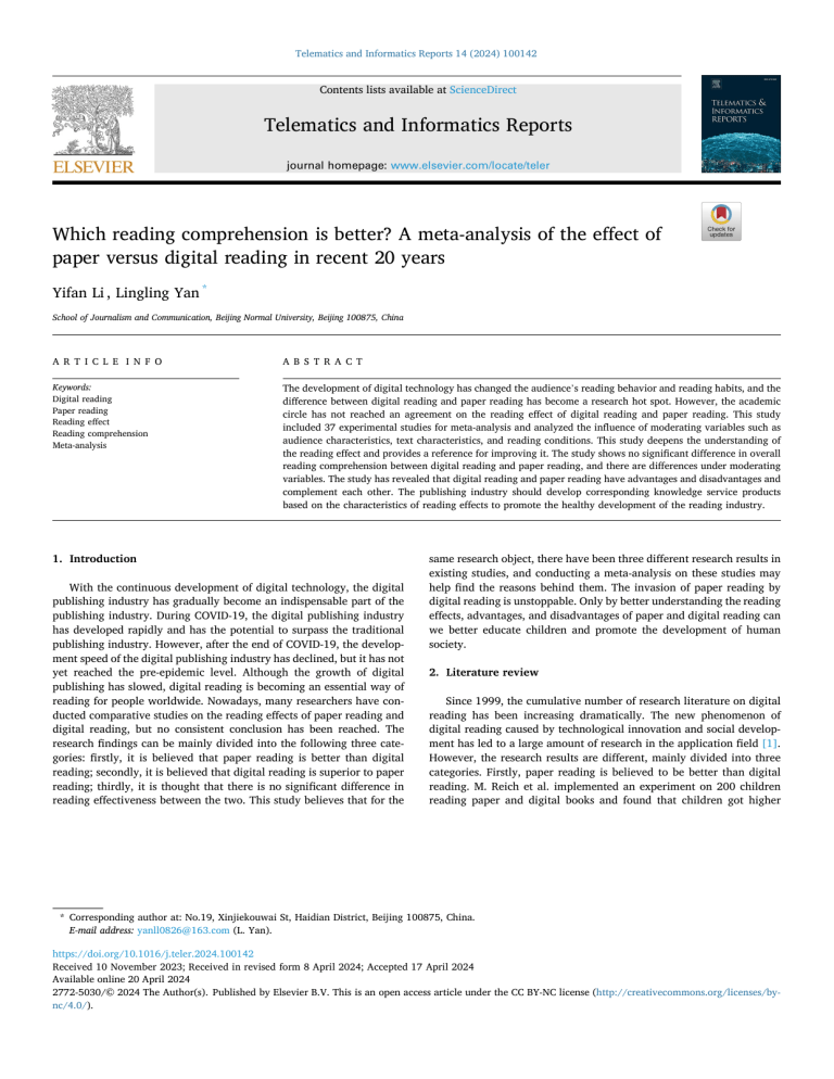 Paper vs Digital Reading: A Meta-Analysis