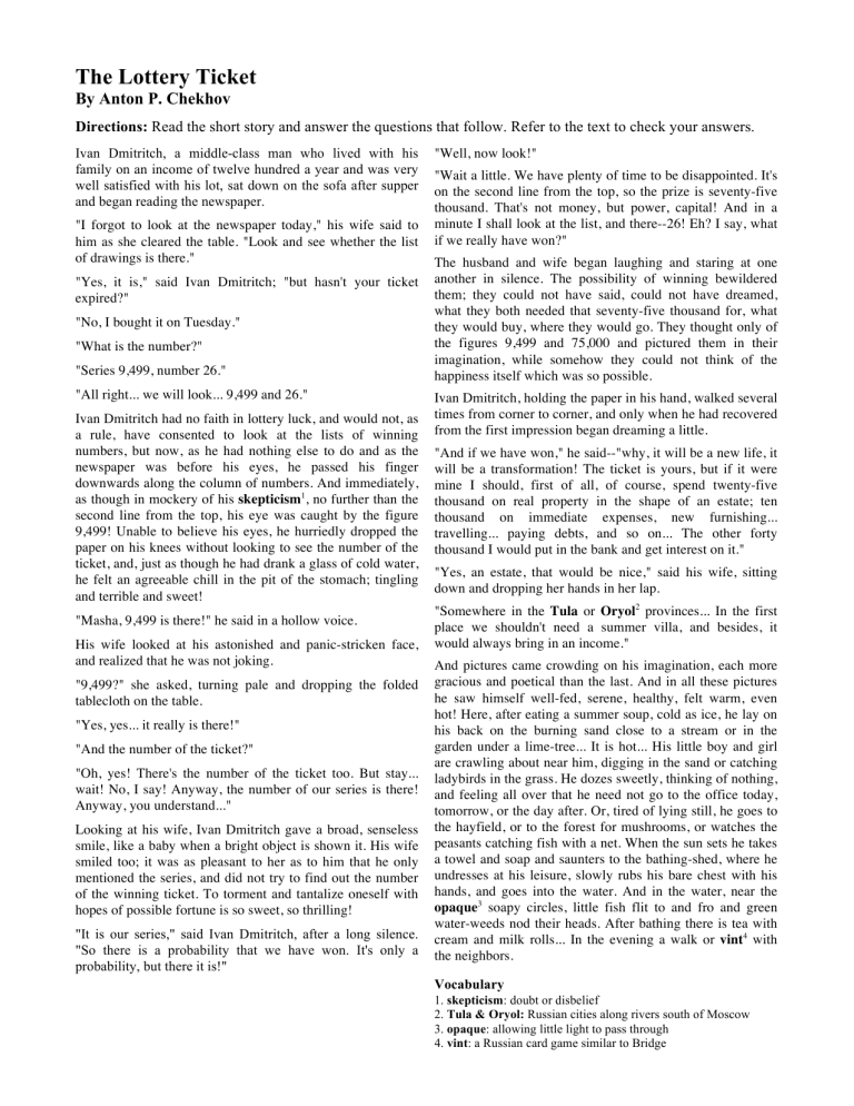The Lottery Ticket by Chekhov: Reading Comprehension