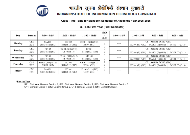 IIIT Guwahati B.Tech 1st Year Timetable 2025-26