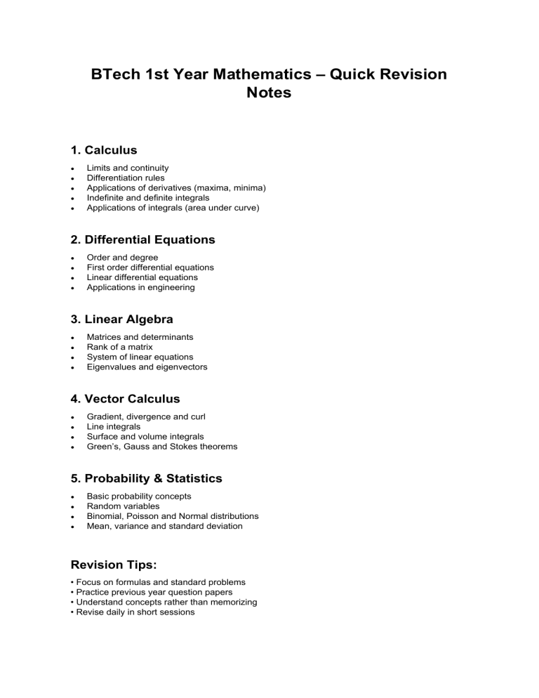 BTech 1st Year Maths Revision Notes