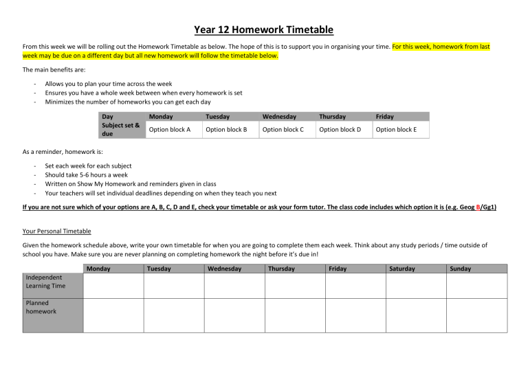 Year 12 Homework Timetable Guide