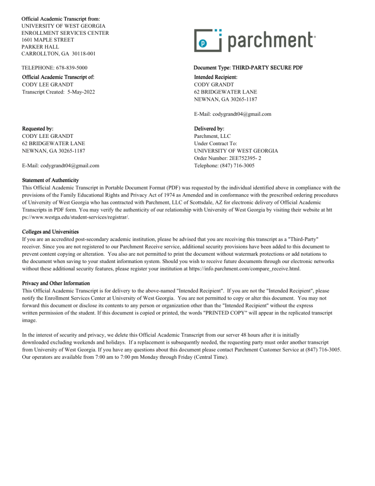 UWG Official Academic Transcript 2022