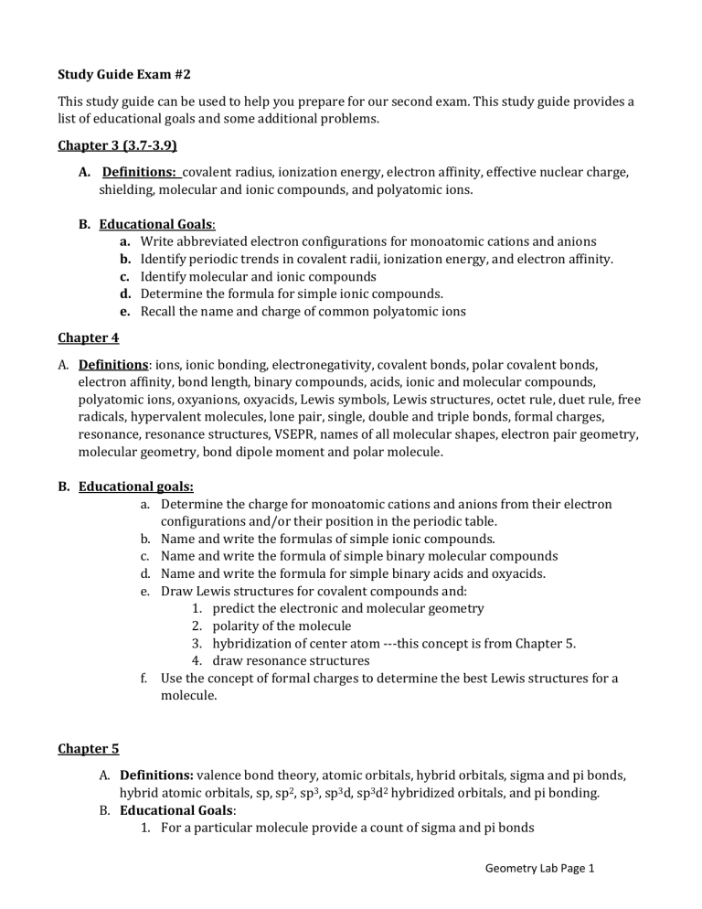 Chemistry Exam 2 Study Guide: Bonding, Geometry, and Stoichiometry