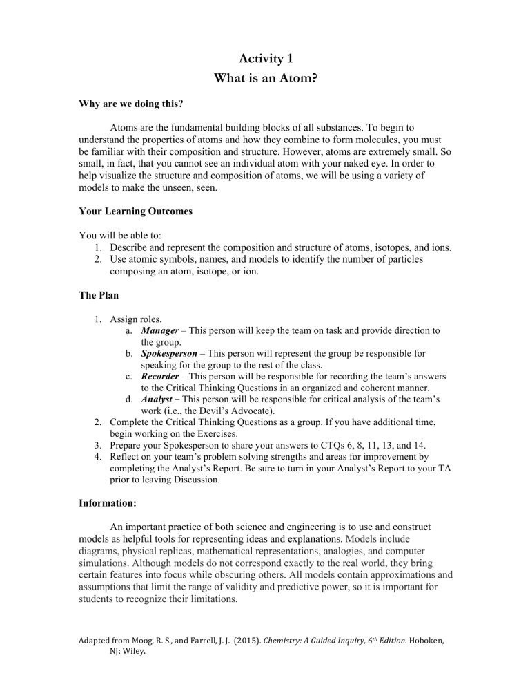 Atom Structure Guided Inquiry Worksheet