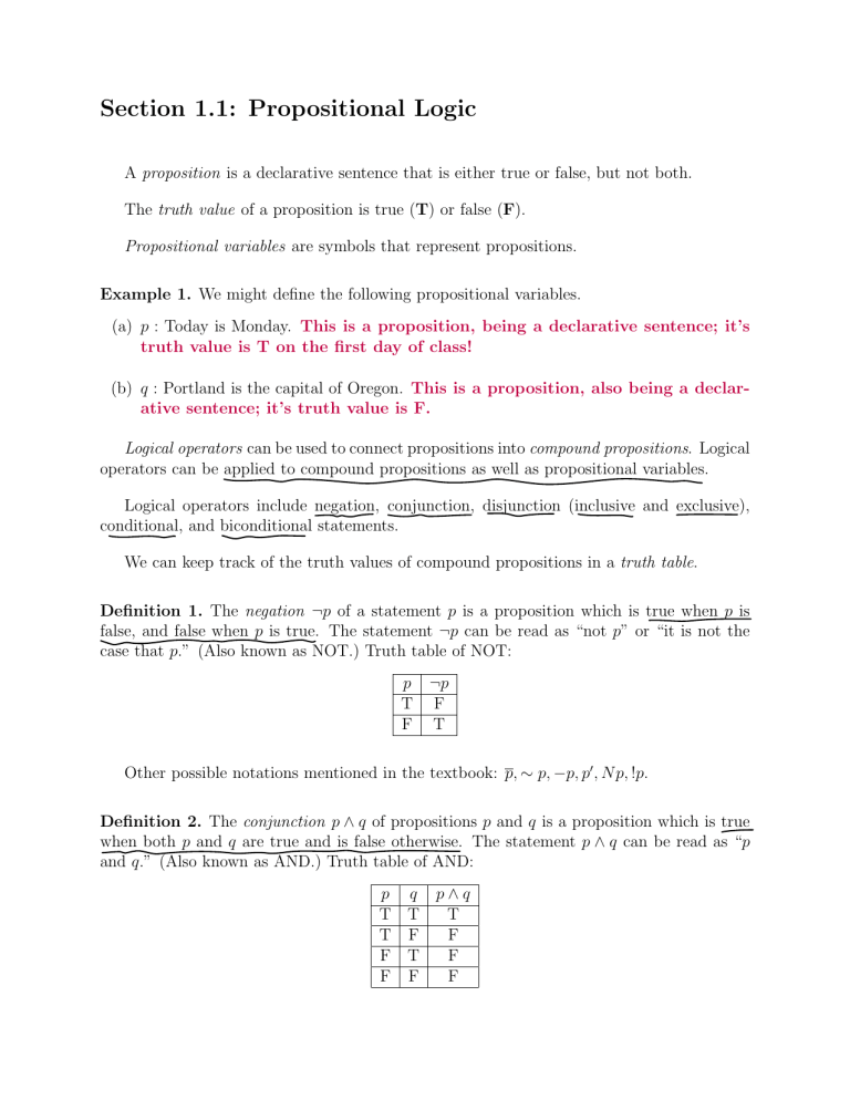 Introduction to Propositional Logic Lecture Notes