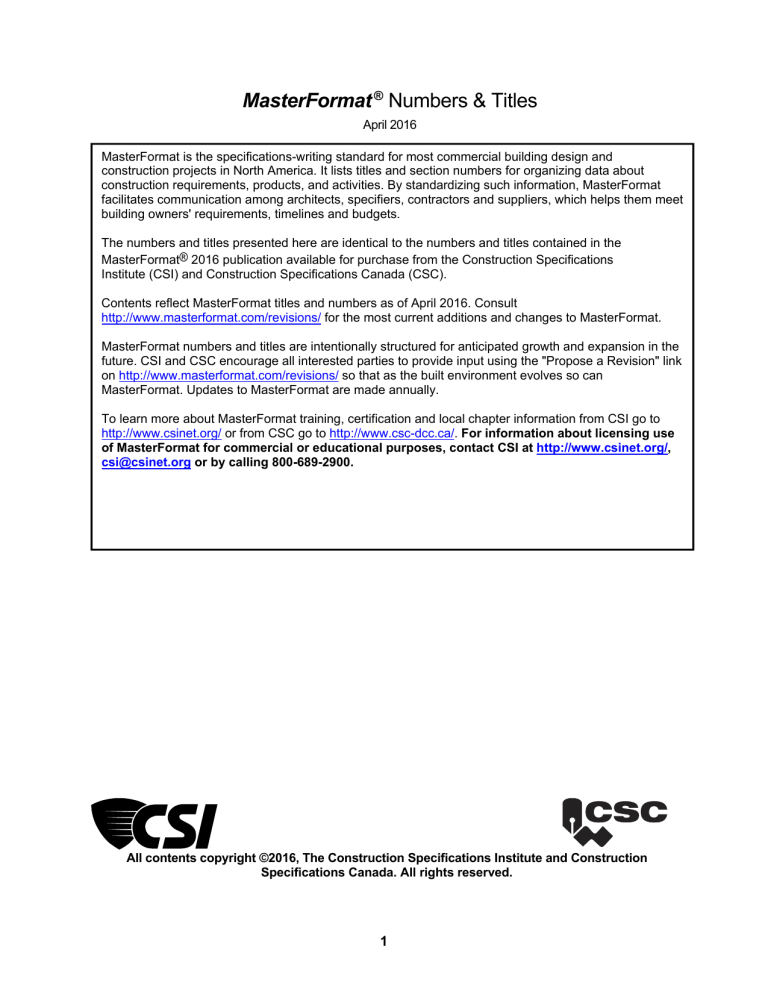 MasterFormat 2016 Numbers and Titles - Construction Specifications Standard