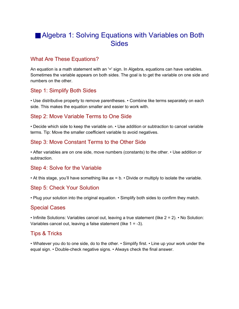 Algebra 1: Solving Equations Guide