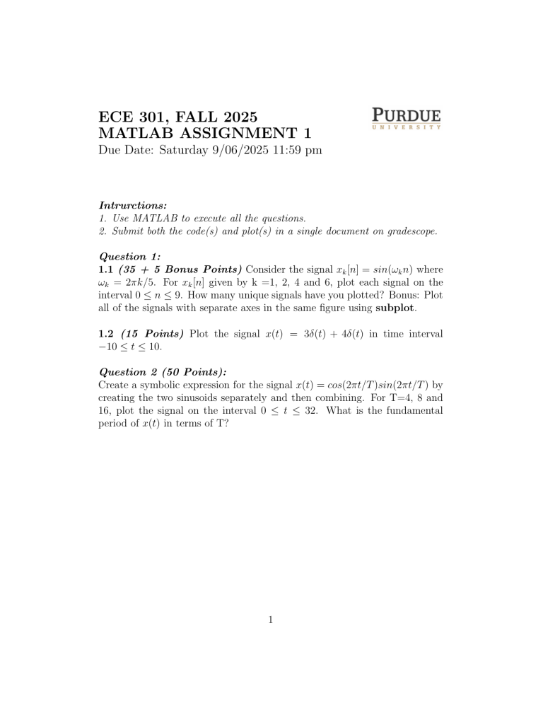 ECE 301 MATLAB Assignment 1: Signal Processing Tasks