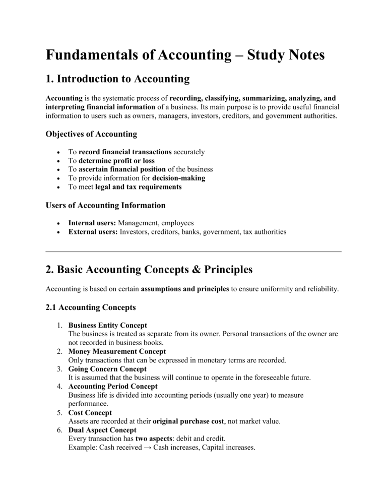 Fundamentals of Accounting Study Notes