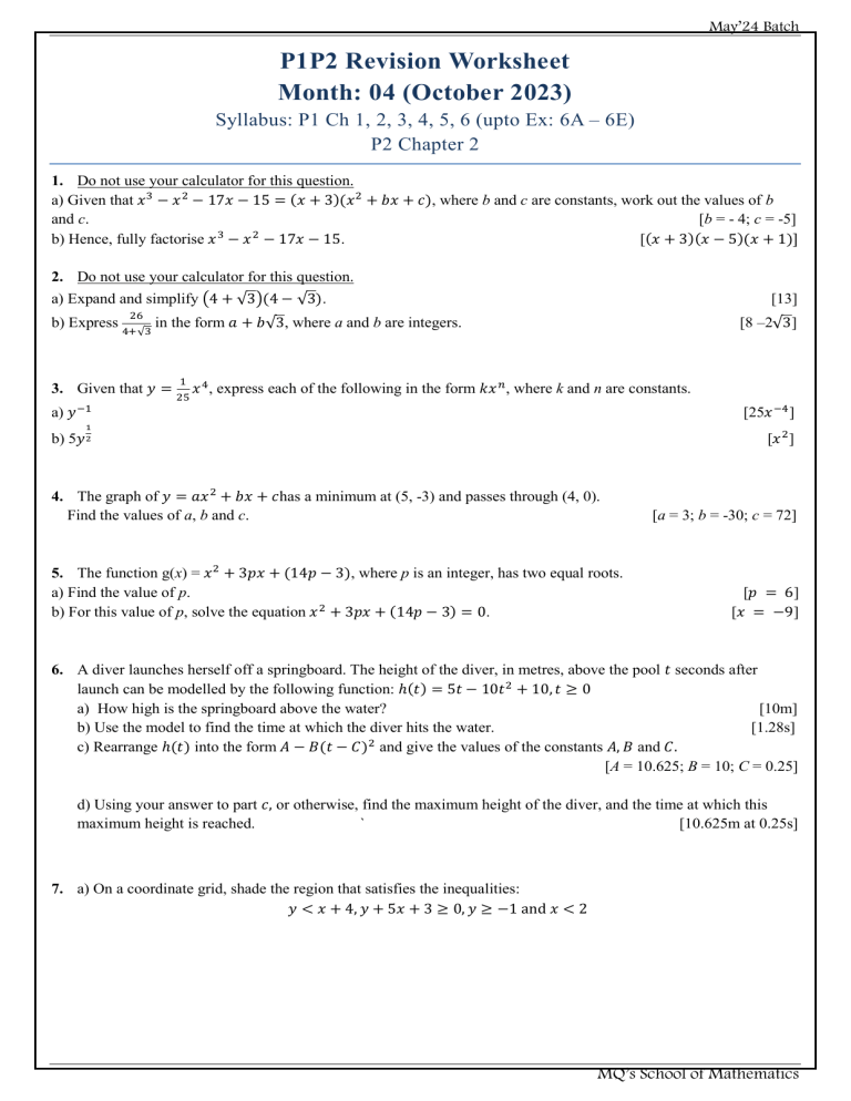 P1P2 Mathematics Revision Worksheet