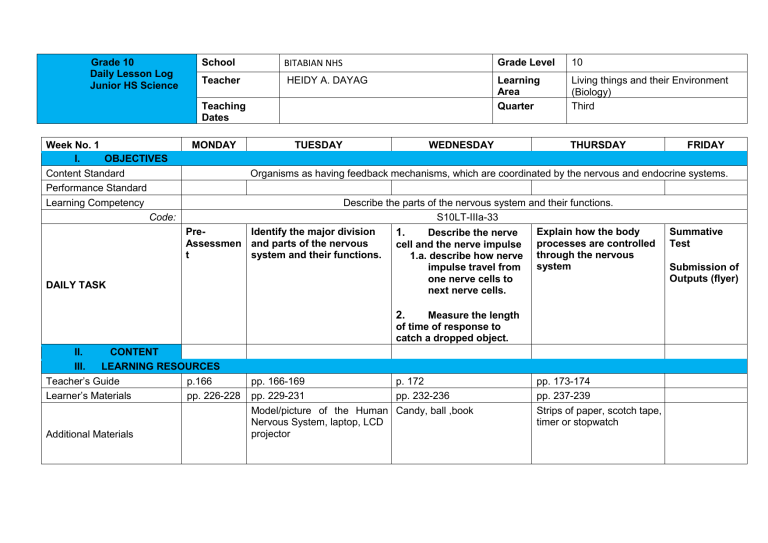 Grade 10 Biology Daily Lesson Log