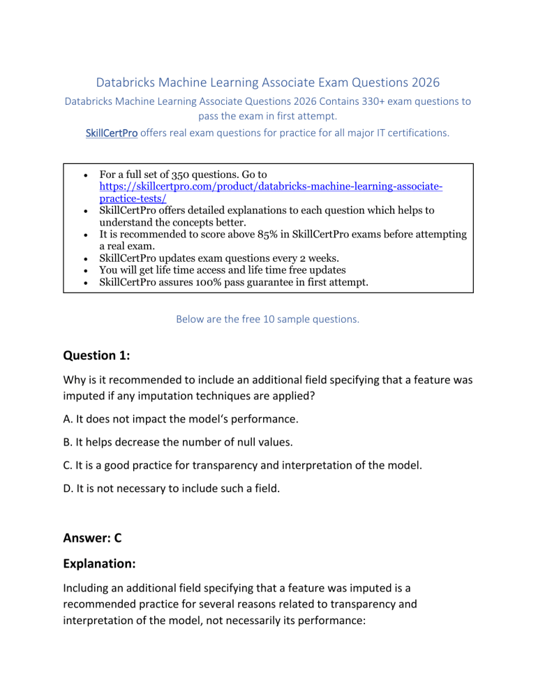 Databricks Machine Learning Associate Exam Questions 2026