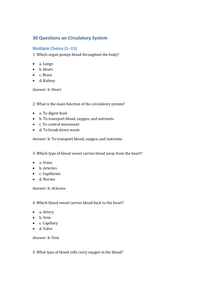 30 Questions on Circulatory System Quiz
