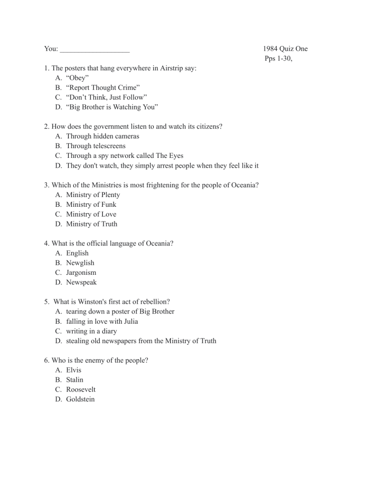 1984 Quiz: Part One, Chapters 1-3