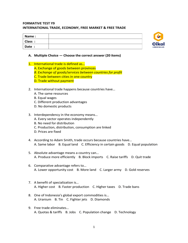 Y9 Economics Test: International Trade