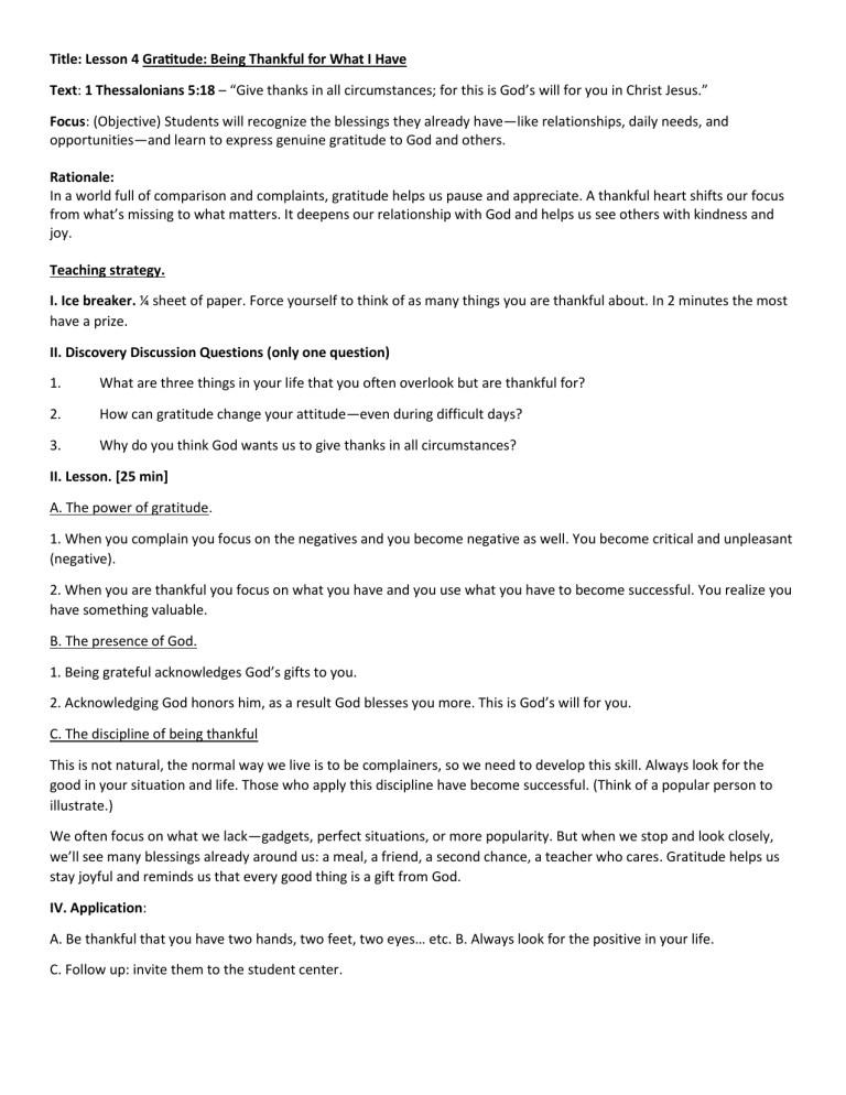 Lesson Plan on Gratitude: Christian Education