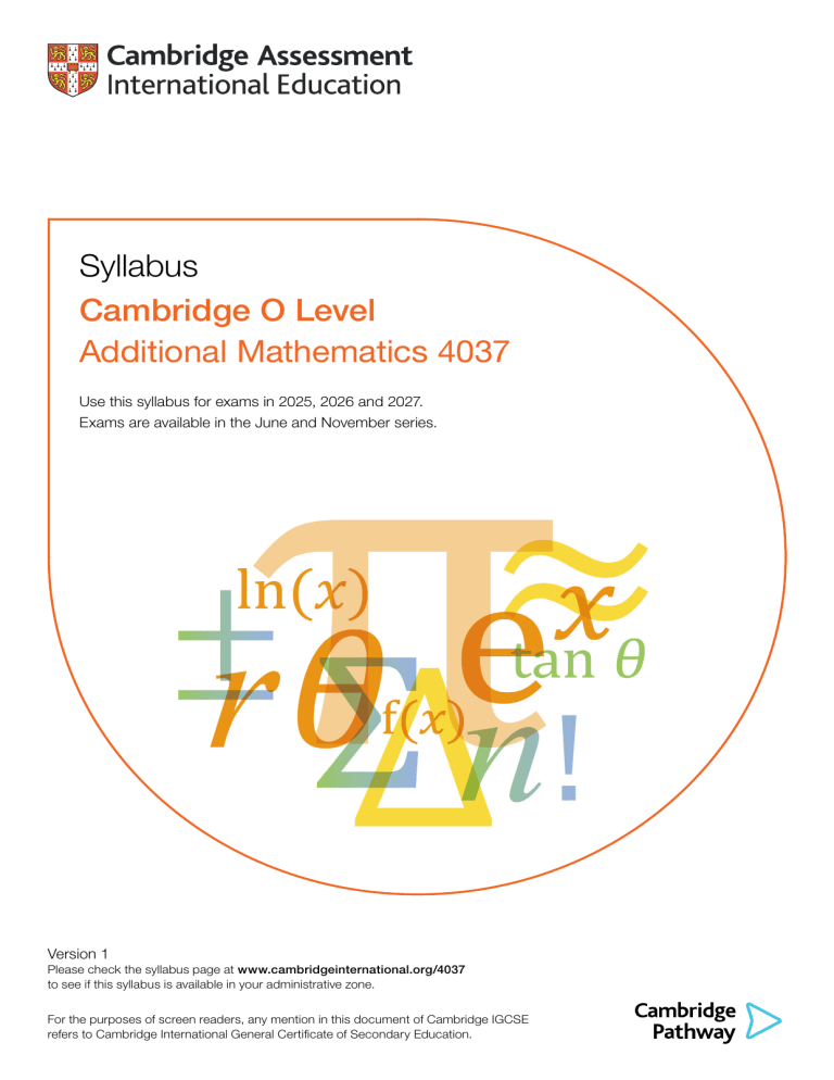 Cambridge O Level Additional Mathematics Syllabus 4037