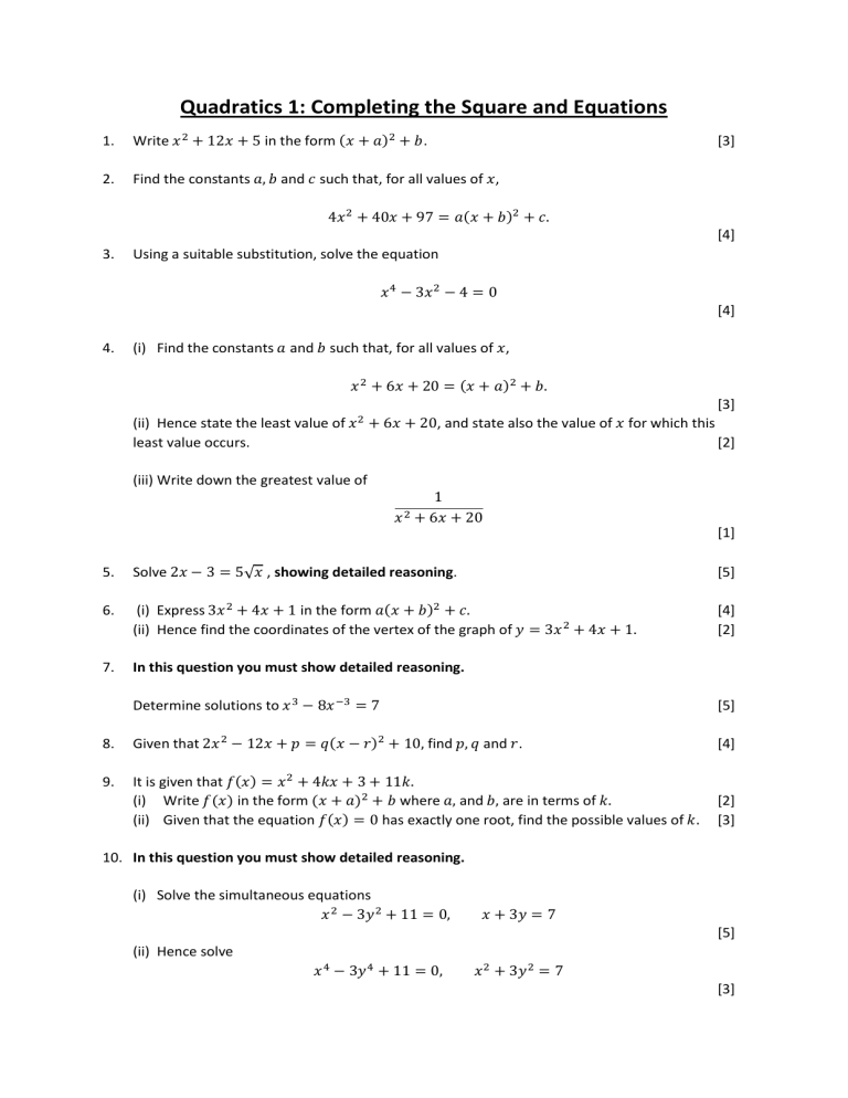 Quadratics Worksheet: Completing the Square
