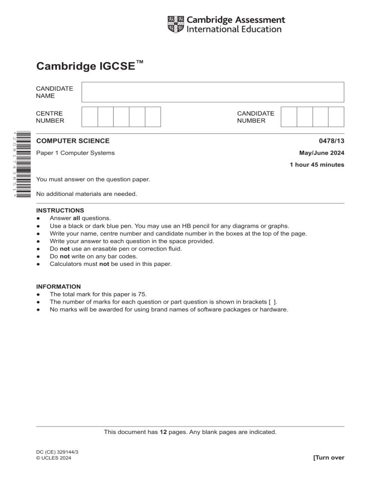 IGCSE Computer Science 0478/13 Past Paper