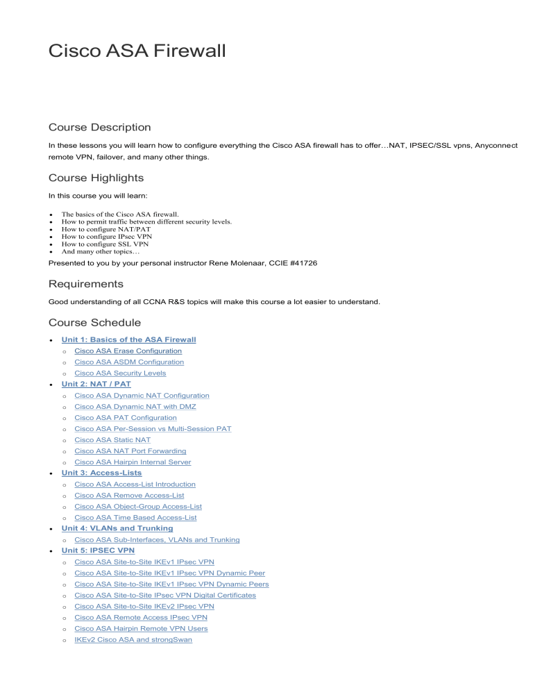 Cisco ASA Firewall Course: NAT, VPN, ACL Configuration Guide