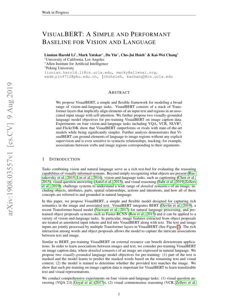 VisualBERT: Vision and Language Baseline