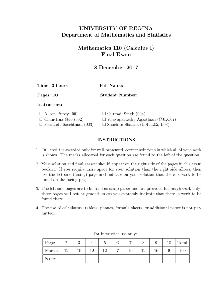 Math 110 Calculus I Final Exam 2017