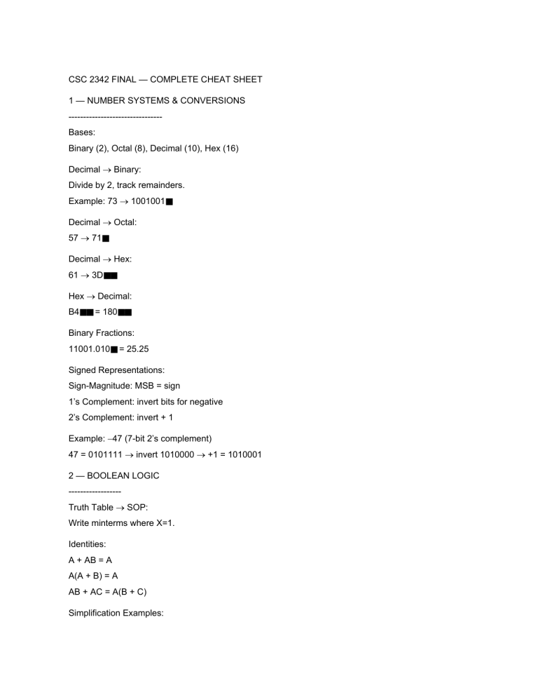 CSC 2342 Final Cheat Sheet: Number Systems & Logic