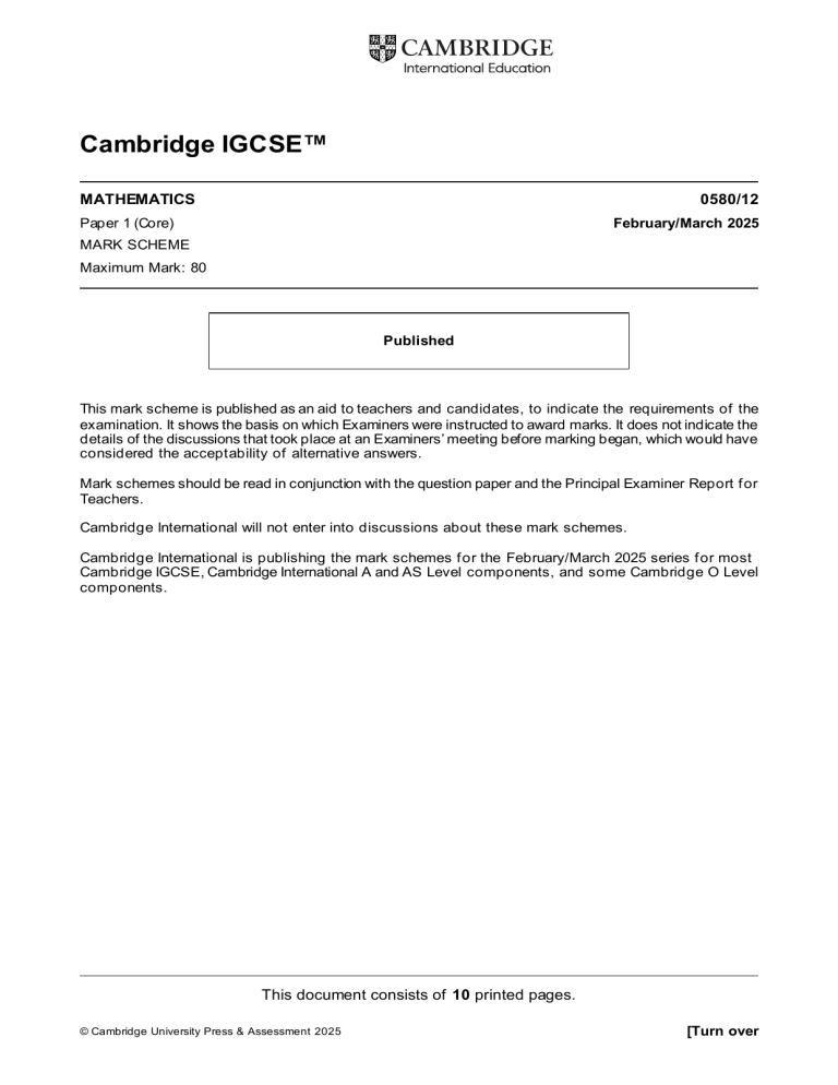 Cambridge IGCSE Maths 0580/12 Mark Scheme 2025