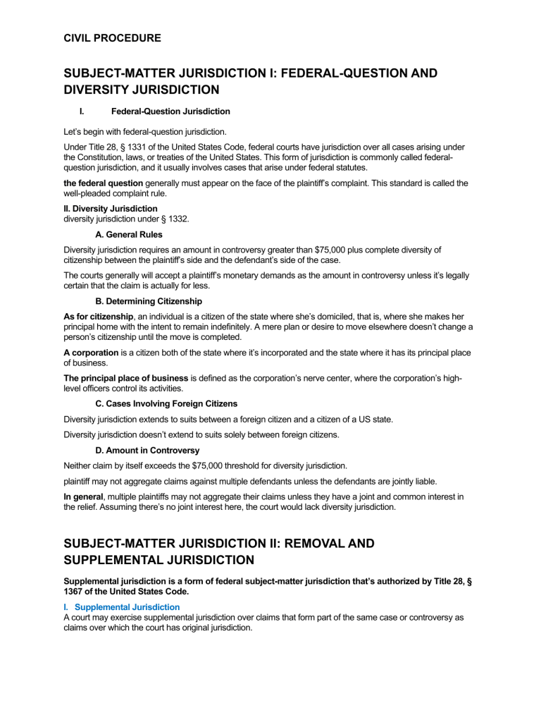 Civil Procedure Study Guide: Jurisdiction, Pleadings & Discovery